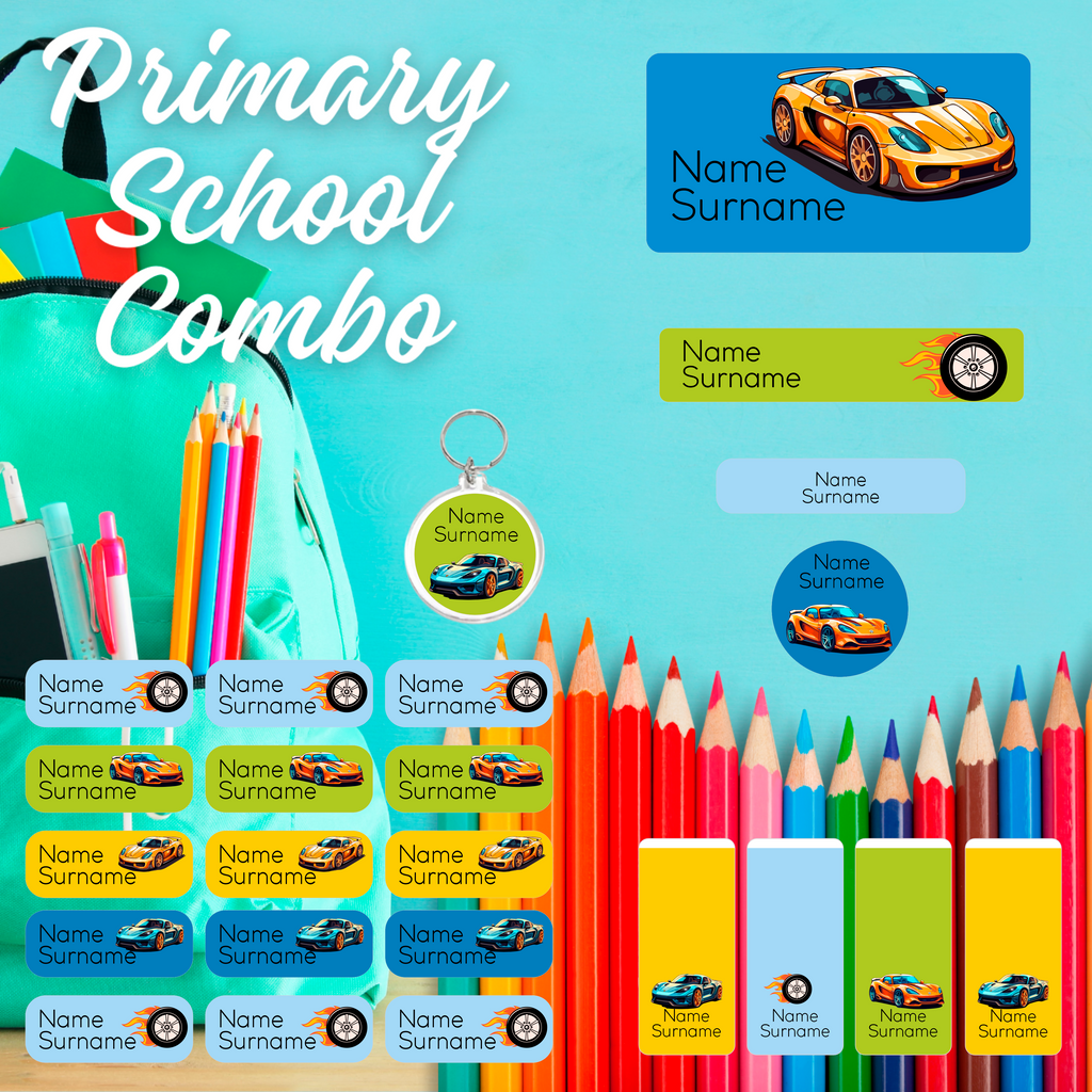 Super Cars Primary School Label Combo – Coral Designs